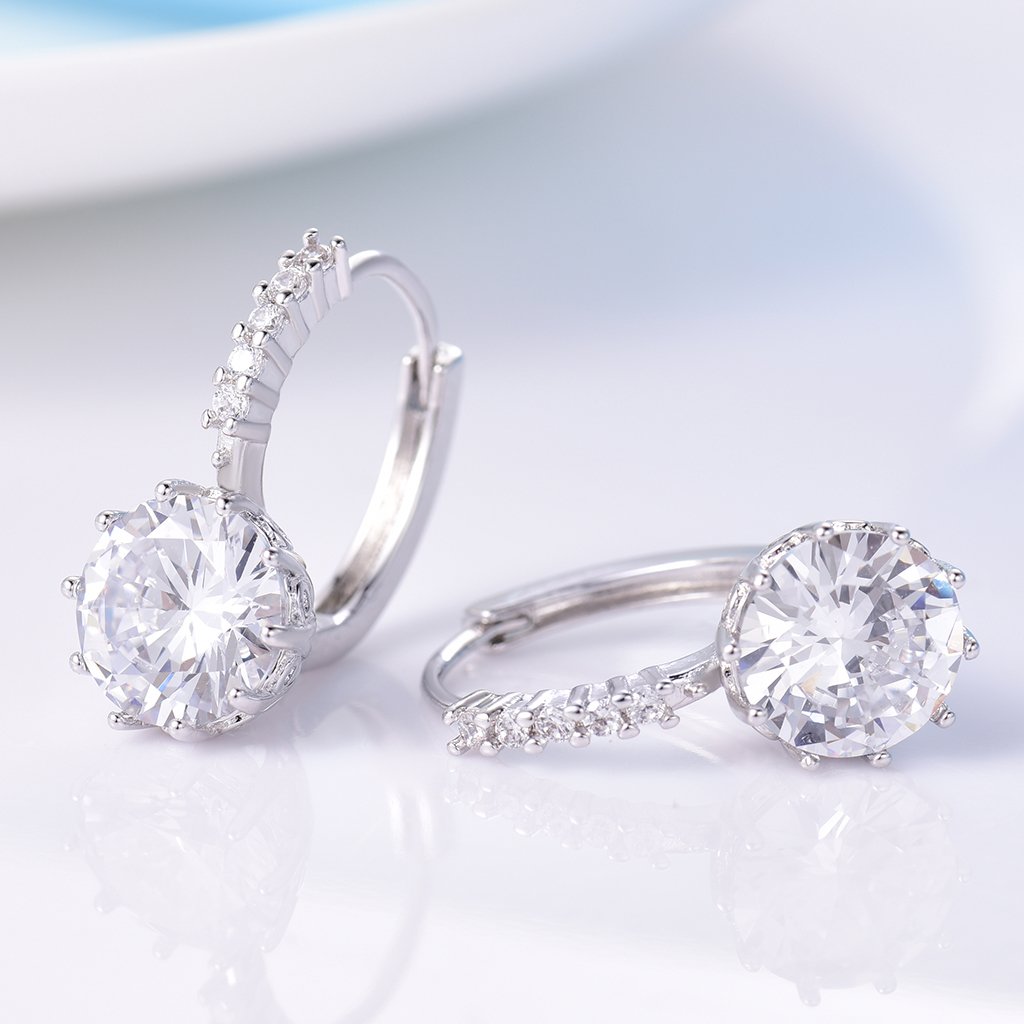 GULICX Silver Tone White Cubic Zirconia Round Jewellery Hoop Lever Back Huggie Earrings