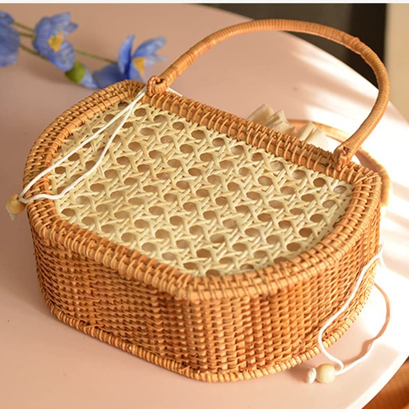 LSDJGDDE Hand Basket Picnic Travel Hand Woven Rattan Handbag Semicircular Stitching Lace up Inner Pocket Handmade