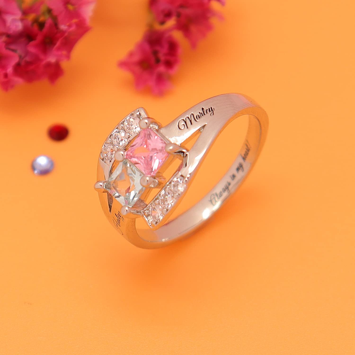 Laleonpame Personalized Mothers Ring with 2 Princess-Cut Birthstones Custom Engraved Names Engagement Rings for Women