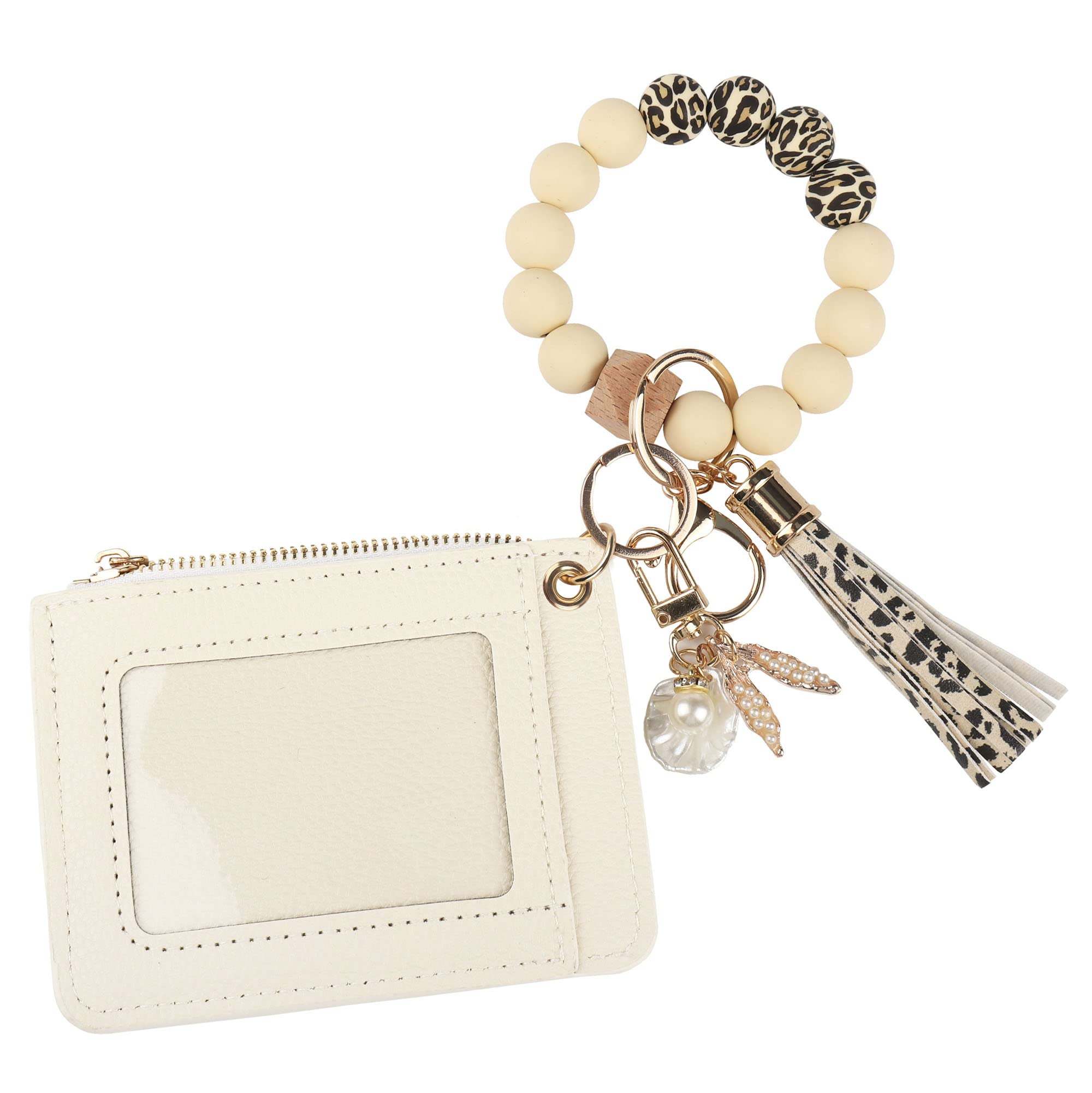 Guran Silicone Beaded Key Ring Bracelet Wallet with Card Holder, Purse Tassel Elastic Keychain Wristlet, Keyring Bangle for Womens (White)