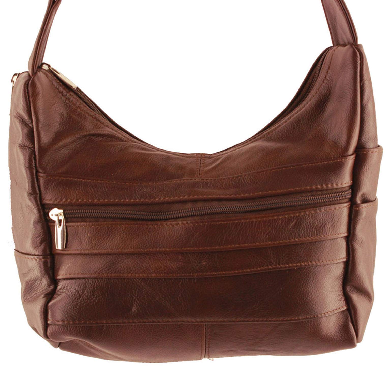 Women's Leather Medium Cross Body Purse Shoulder Ladies Handbag with Many Pockets (Brown)
