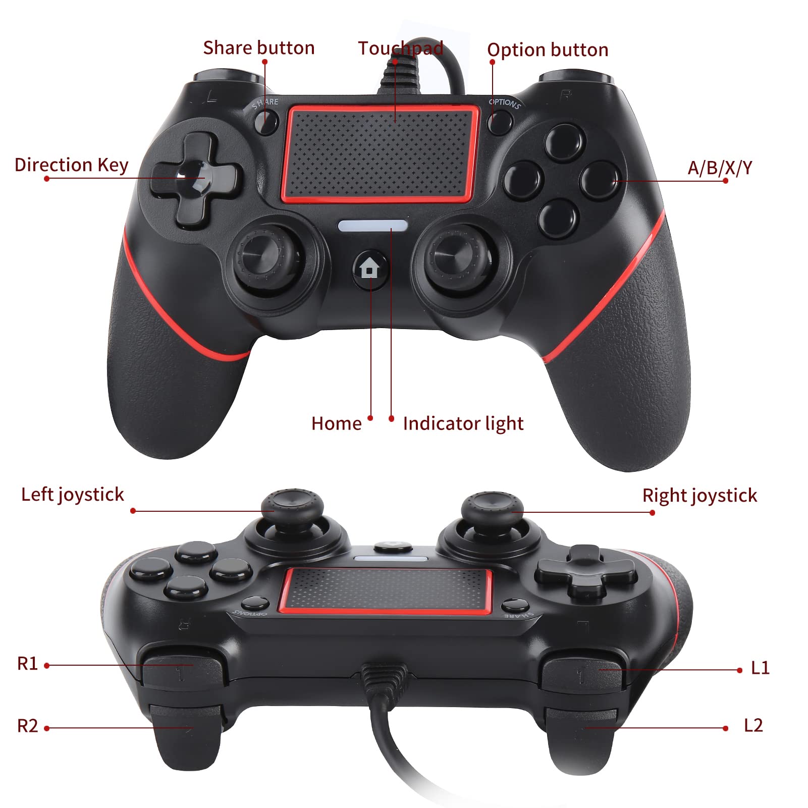 GURKSKY Replacement for PS4 Controller, Wired Joystick for Ps4/Pro/Slim/PC, Gamepad with Dual Vibration and LED Indicator, 2 Meters Cable, Red Line
