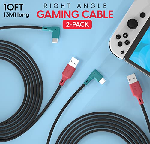 TALK WORKS Fast Charging Cable Compatible with Nintendo Switch, Switch Lite & OLED - USB-C Charger Cables - 10 ft. Long, Right-Angle Cable for Comfortable Mobile Gaming - Blue/Red (2 Pack)