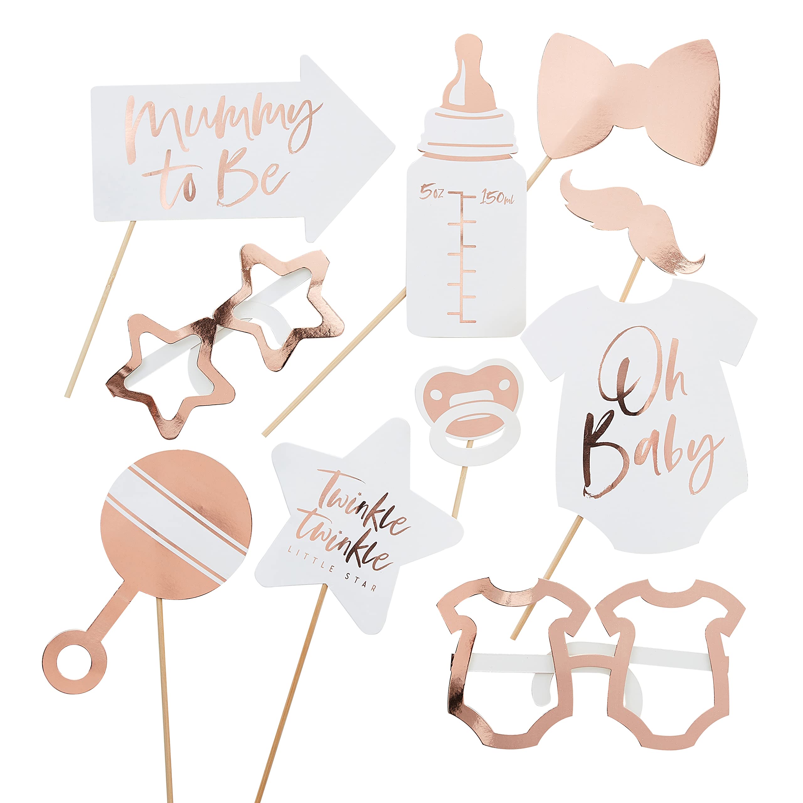 Ginger Ray 10 Pack Rose Gold Foiled Baby Shower Photo Booth Props Twinkle Twinkle Gold