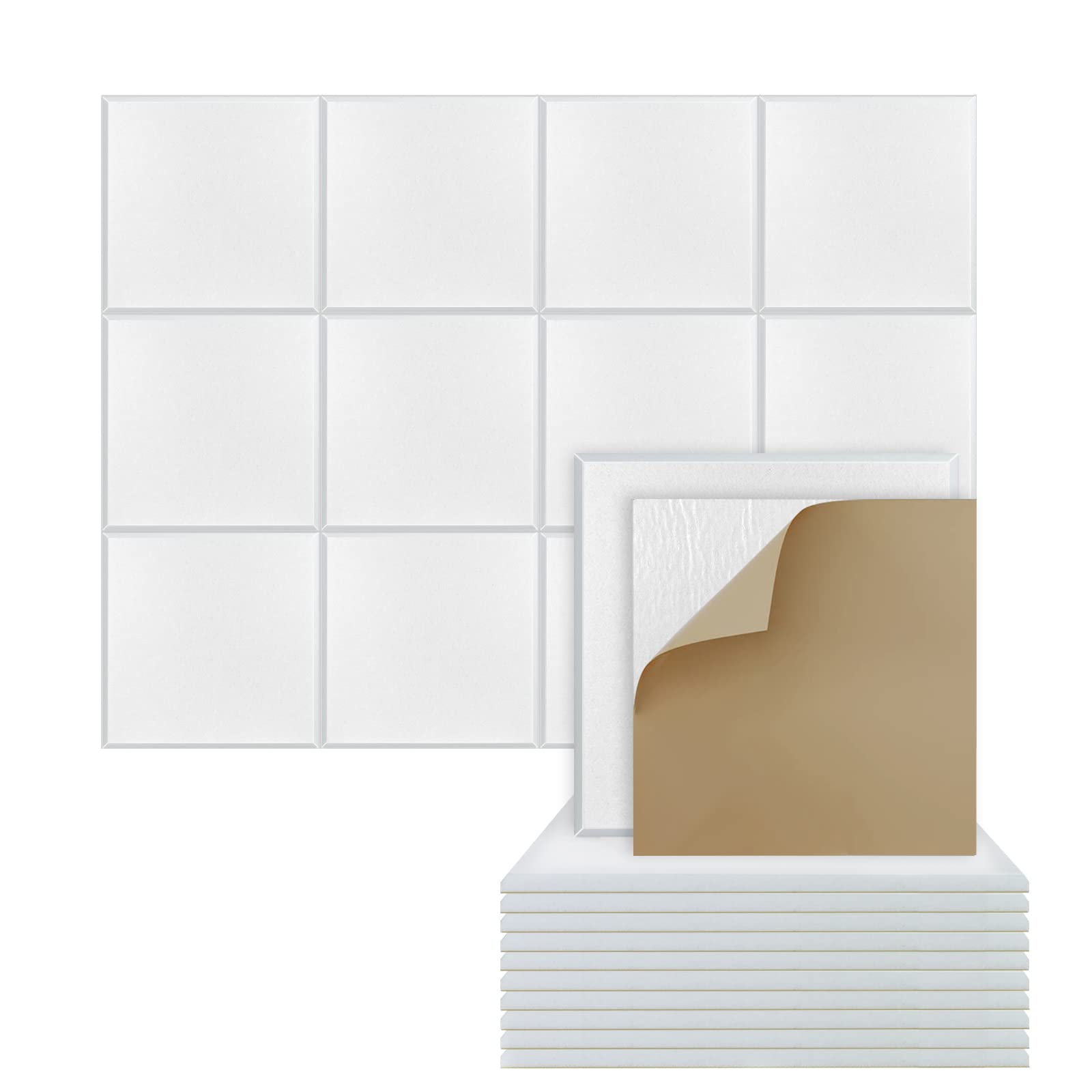 Krightlink 12 Pack Acoustic Panels Soundproof Wall Panels, 12"X12"X 0.4" High Density Self-adhesive Sound Absorbing Panels Sound Proof Insulation Beveled Edge Studio Treatment Tiles (White)