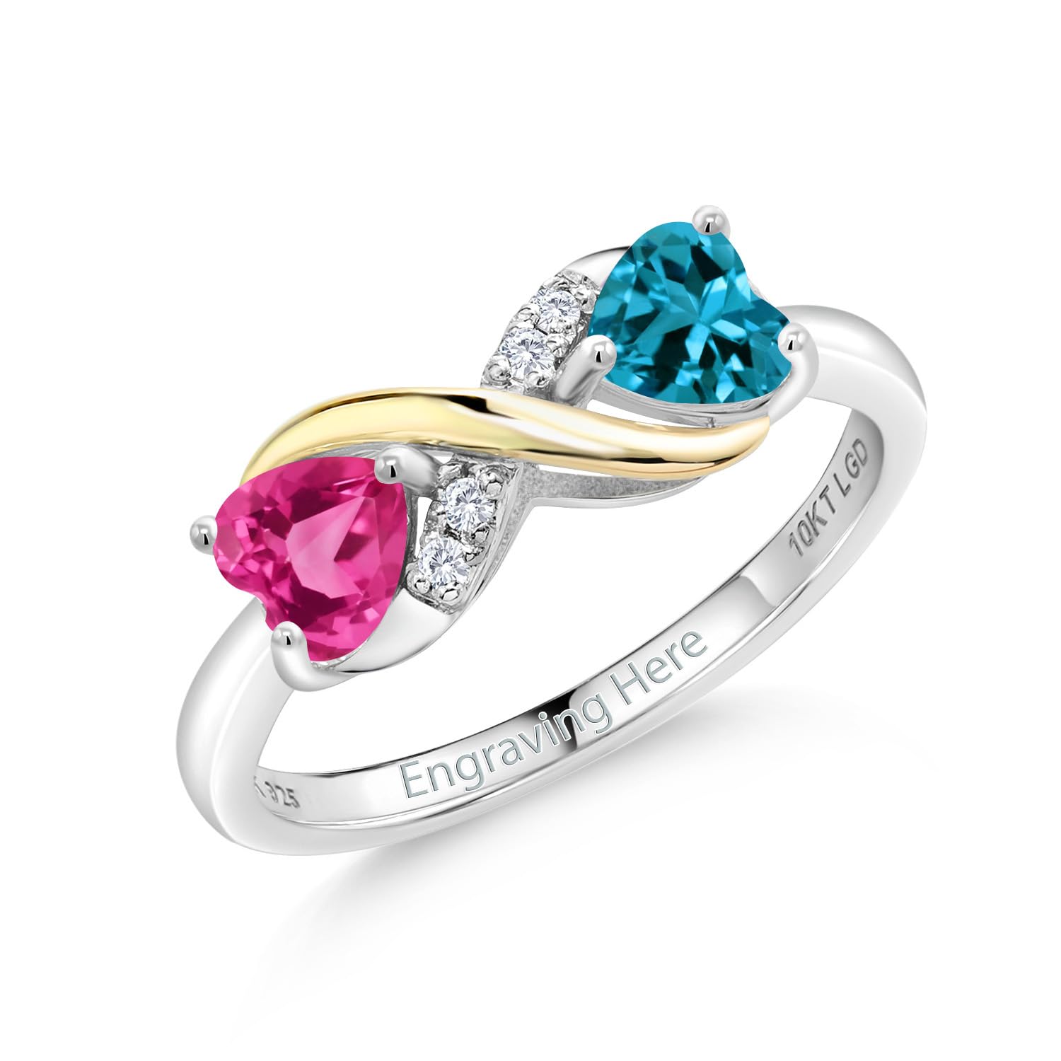 Gem Stone King 925 Sterling Silver and 10K Yellow Gold Customized and Personalized Name Engraved 2-Stone Heart Shape Gemstone Birthstone and White Lab Grown Diamonds Ring For Women (Size 9)