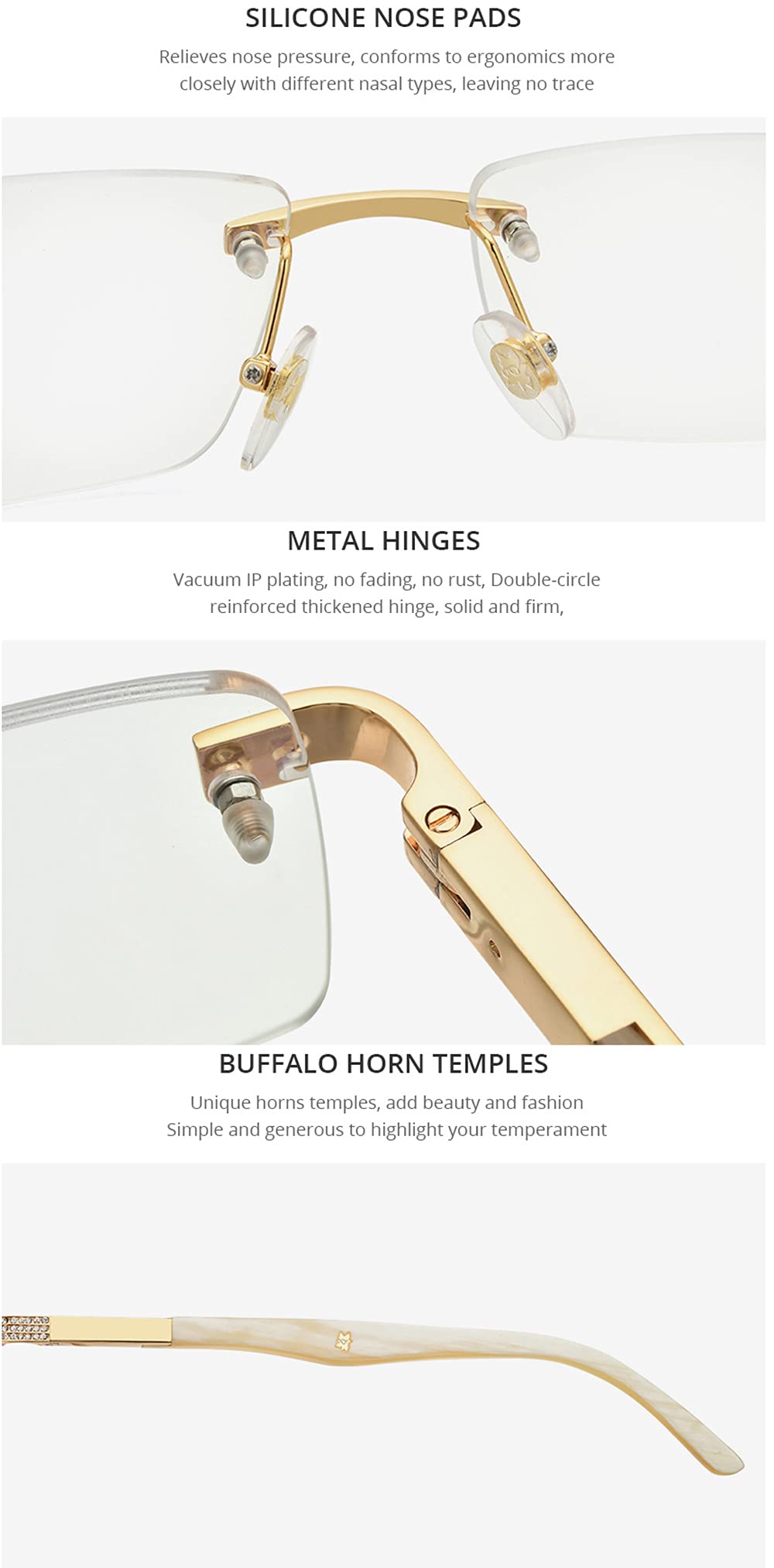 HEPIDEM 100% Really Buffalo Horn Glasses,Square Rimless Luxury Buffs Eyeglasses With Diamonds (White 0023)
