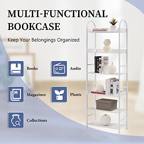 YOUMU 70.8 Inch Tall Bookshelf, 6-Tier Shelves with Round Top Frame, MDF Boards, Adjustable Foot Pads (6-Tier,Silver)