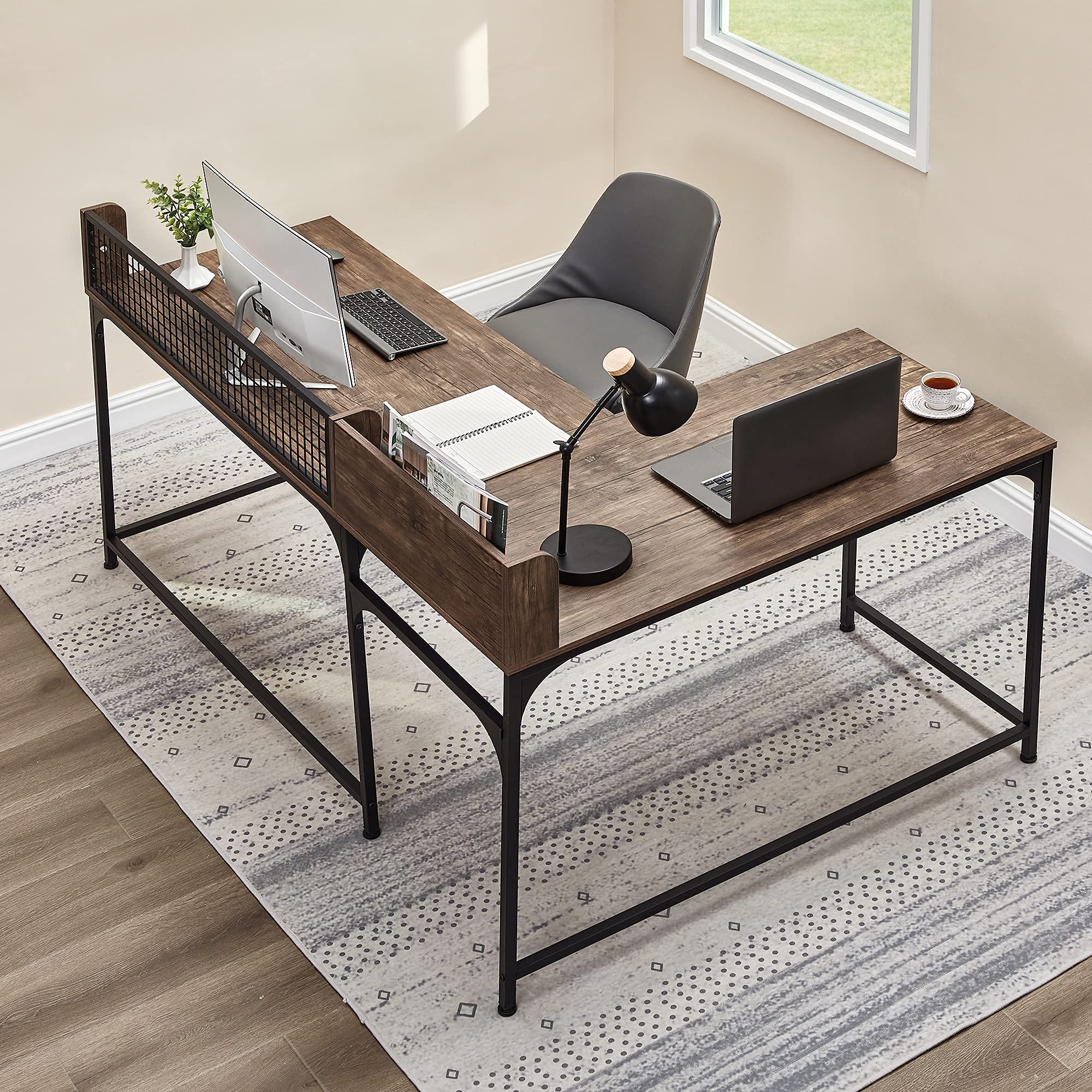 GreenForest L Shaped Desk 65" x 43", Large L Desk with Storage, Corner Computer Desk for Writing, Home Office Study Gaming Modern Desk with Hutch, Walnut