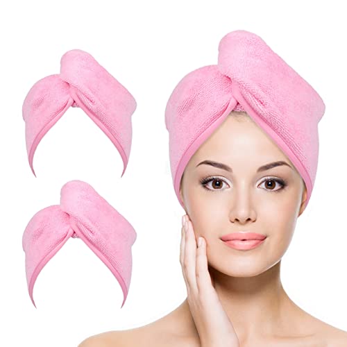 YoulerTex Microfiber Hair Towel Wrap for Women, 2 Pack 10 inch X 26 inch, Super Absorbent Quick Dry Hair Turban for Drying Curly, Long & Thick Hair (Pink)