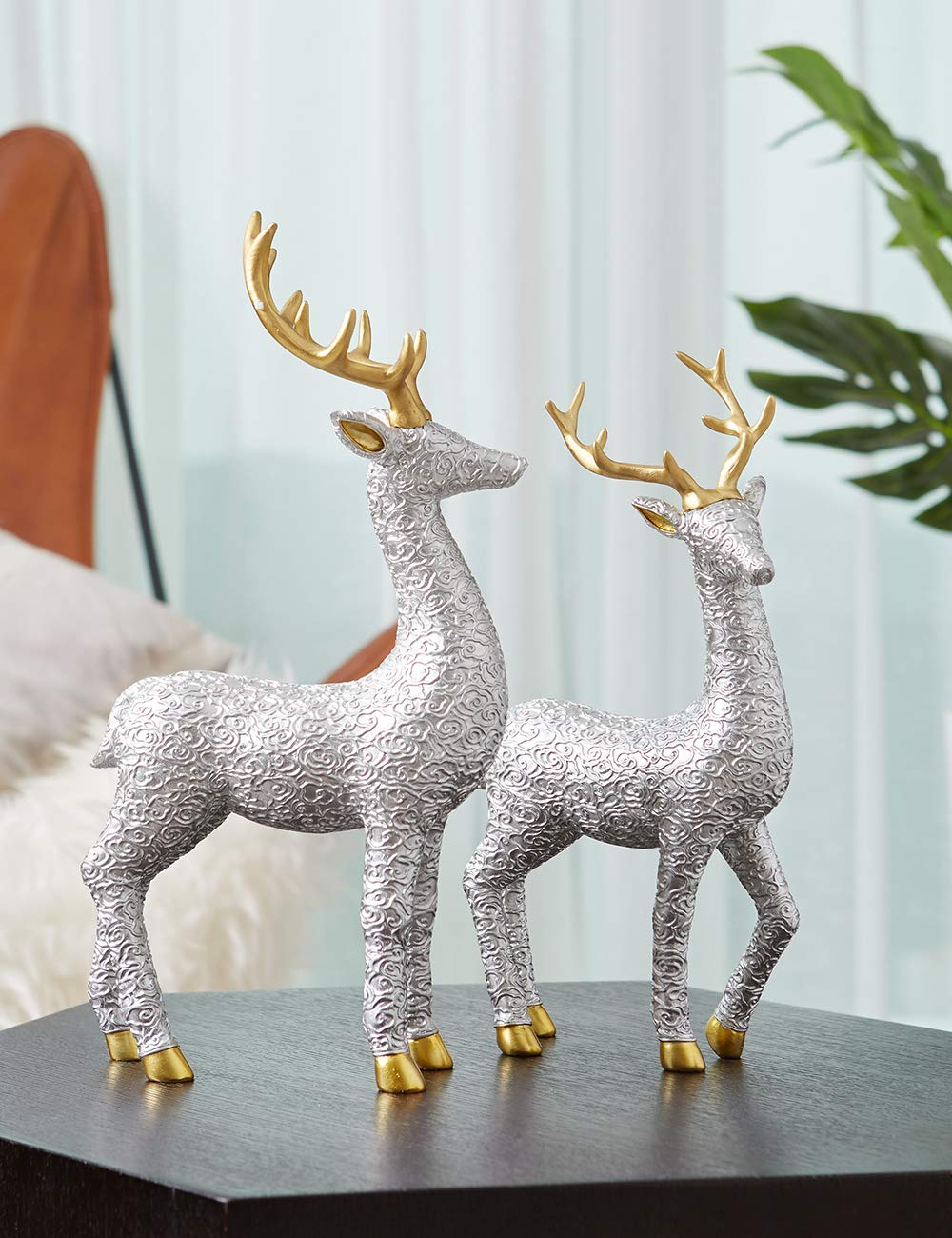 HAUCOZE 2pcs Deer Statue Decor Reindeer Sculpture Home Gifts Modern Craft Table Centerpiece Arts Polyresin Silver 12inch