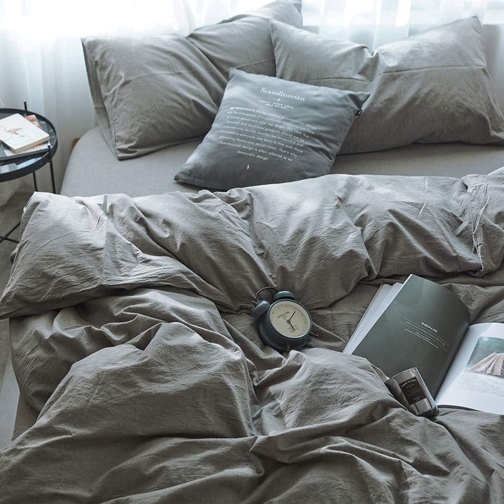 Grey Duvet Cover King, 100% Washed Cotton Linen Like Textured 3 Pieces Grey Bedding Set, Solid Color Simple Style Duvet Cover, Luxury Relaxed Feel Natural Wrinkled Breathable Soft Comfy (Grey, King)