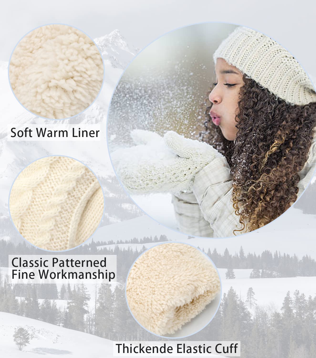 happion 3 Pairs Winter Mitten Gloves For Women, Warm Knit Thick Gloves With Thick Fleece Lining Gift