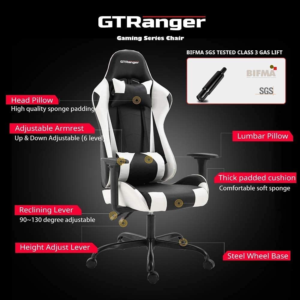 GTPOFFICE Gaming Chair Racing Style High Back Computer Gaming Chair Adjustable Recliner Leather Office Desk Chair with Headrest and Lumbar Support White