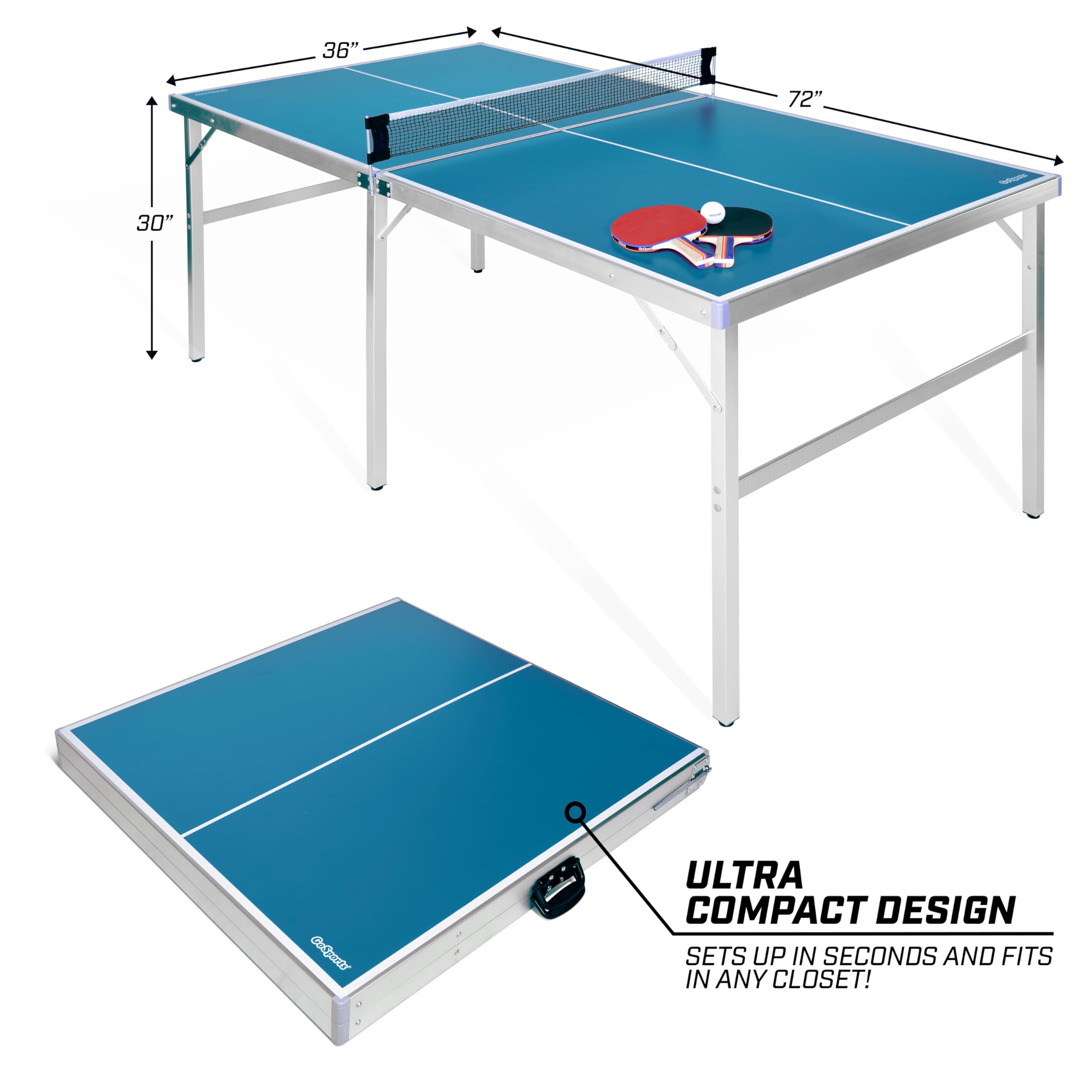 GoSports 6 ft x 3 ft Mid-size Table Tennis Game Set - Indoor / Outdoor Portable Table Tennis Game with Net, 2 Table Tennis Paddles and 4 Balls