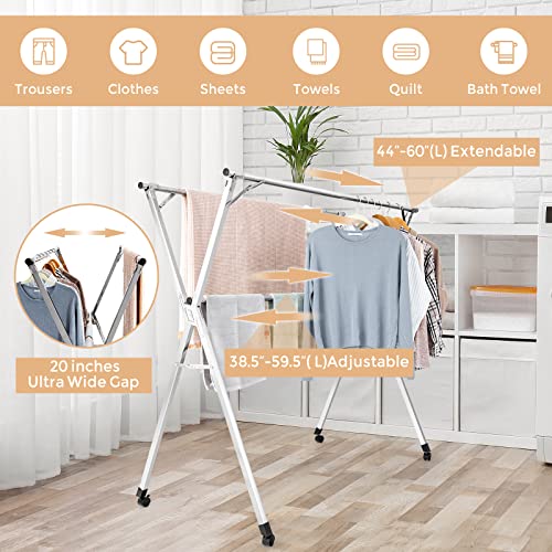 Tangkula Clothes Drying Rack with Wheels, Freestanding Stainless Steel Garment Rack for Laundry, Adjustable and Foldable, No Assembly Need, Space Saving Laundry Drying Rack for Indoor Outdoor