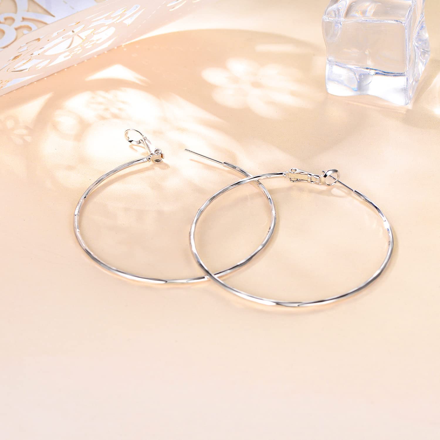 Hoop Earrings 925 Sterling Silver Post for Women 18K White Gold Plated Lightweight Hypoallergenic Diamond Cut Textured Round Hoop Earrings Thin Large Hoops Loop Earrings Size 50mm