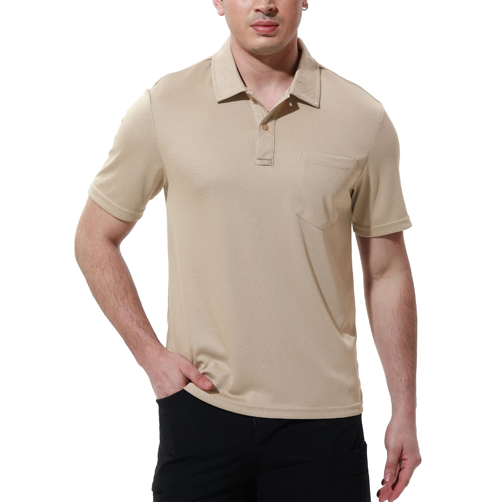 JHMORP Men's Golf Polo Shirts Collared Shirts Short Sleeve Quick Dry Outdoor Shirts with Pocket Khaki,L