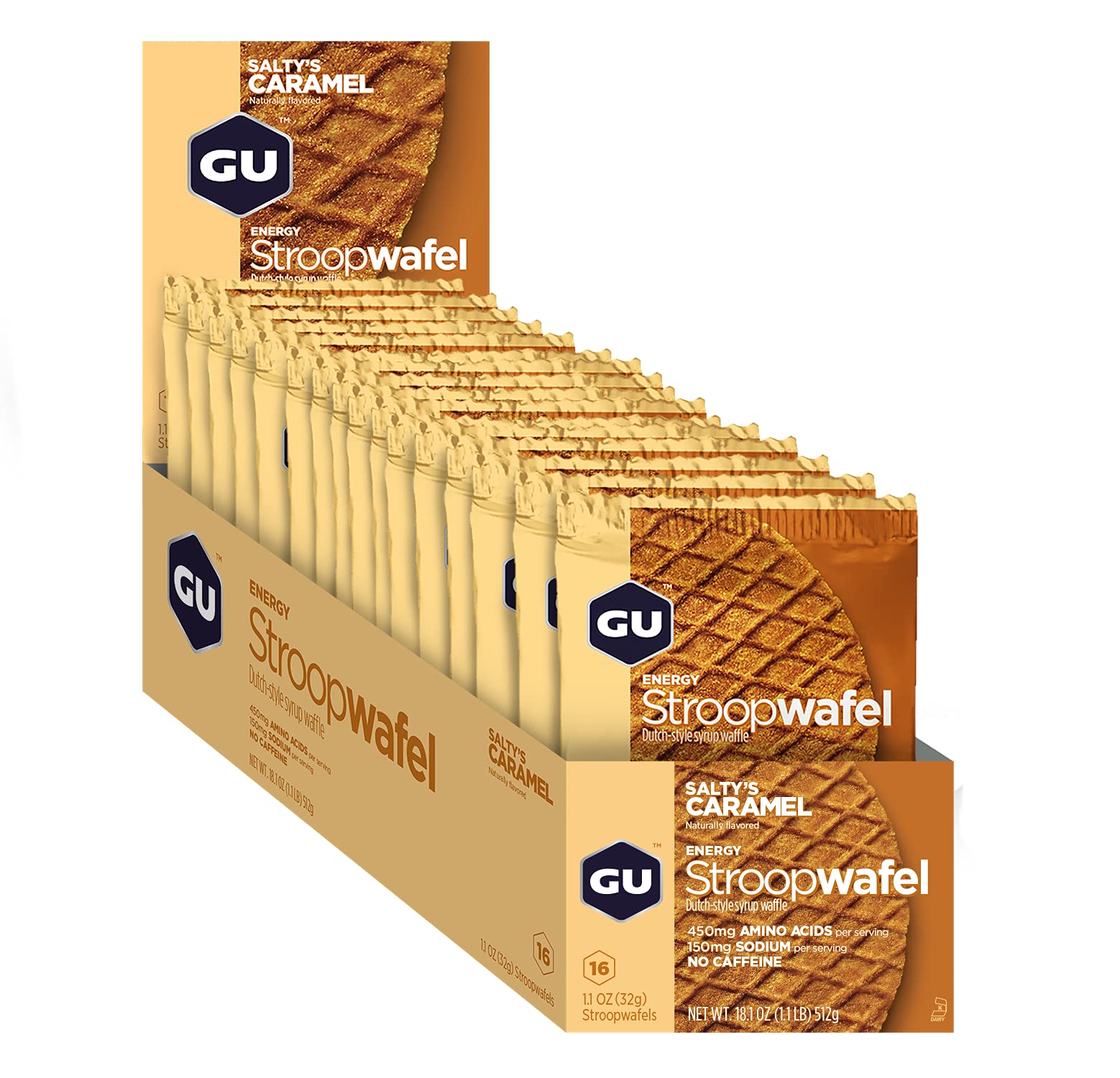 GU Energy Stroopwafel Salty's Caramel Sports Nutrition Waffle, Caffeine-Free, and Kosher dairy, On-the-Go Energy for Any Workout, 16 Count