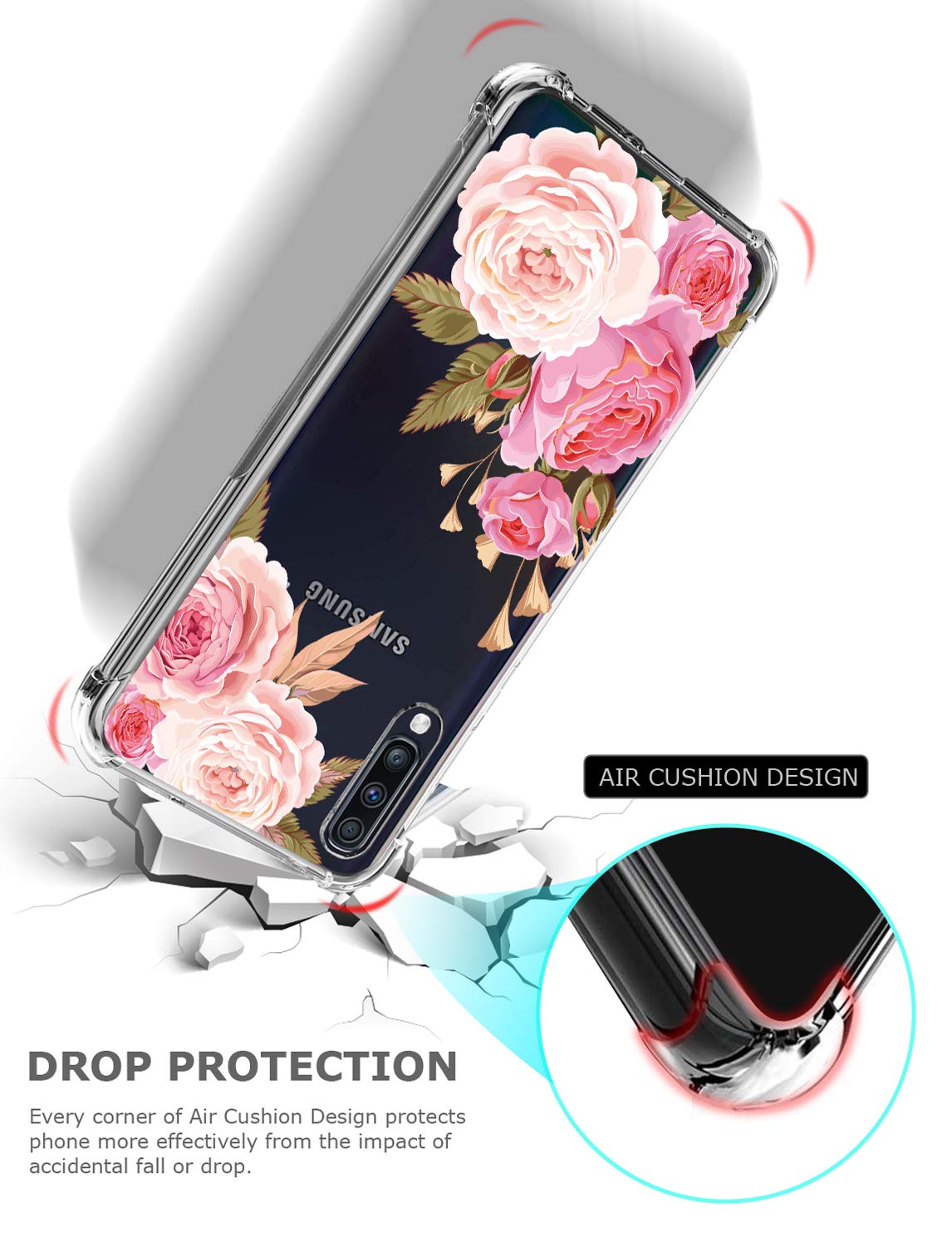 GREATRULY Floral Clear Case for Galaxy A50 for Women Girls,Pretty Phone Case for Samsung Galaxy A50 (2019),Flower Design Transparent Slim Soft Drop Proof TPU Bumper Cushion Silicone Cover Shell,FL-K