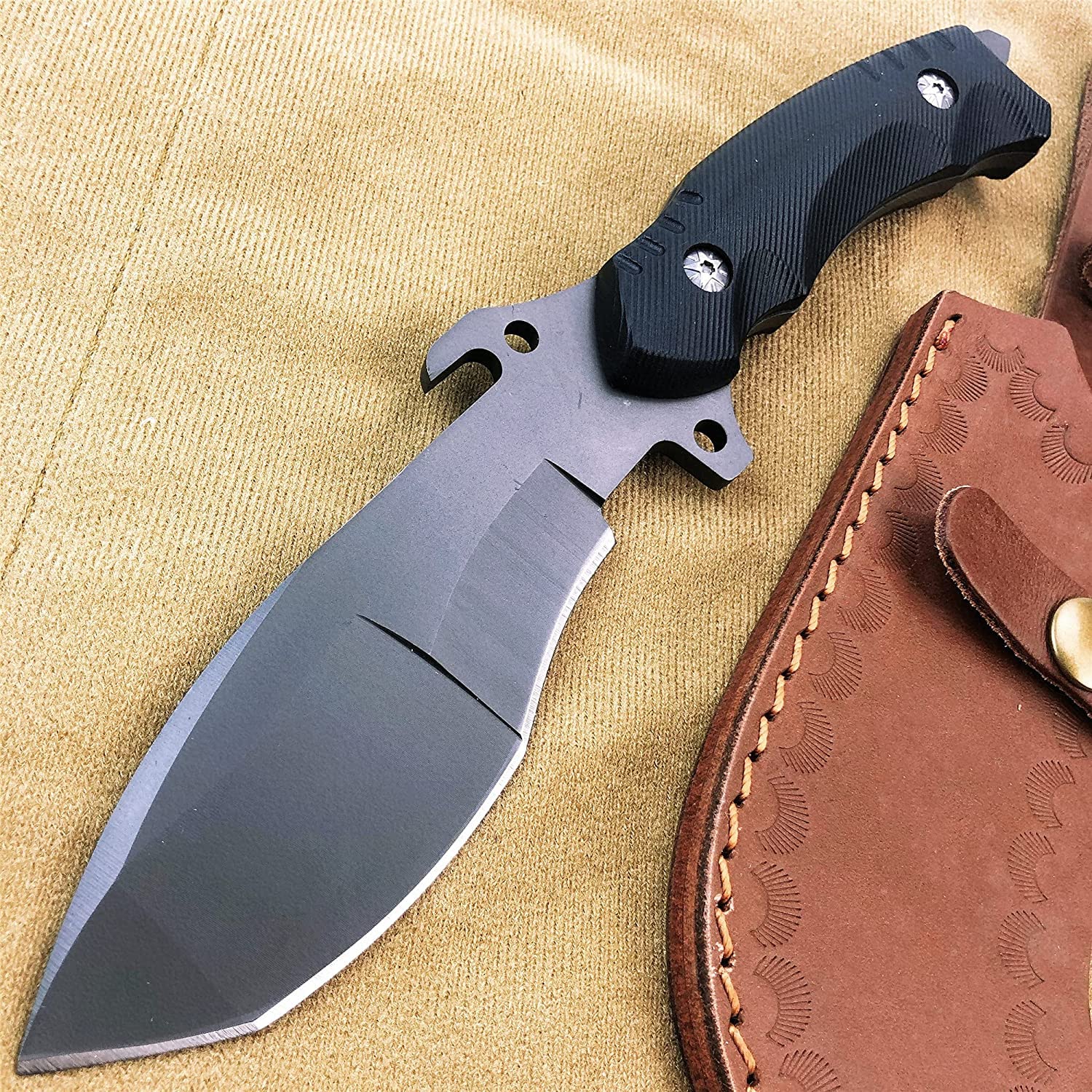 HOLYEDGE Outdoor Survival Tactical Gear Fixed Blade Knife G10 Handle 9.8-inch Wilderness Essential Hunting Camping Knives with Cowhide Sheath