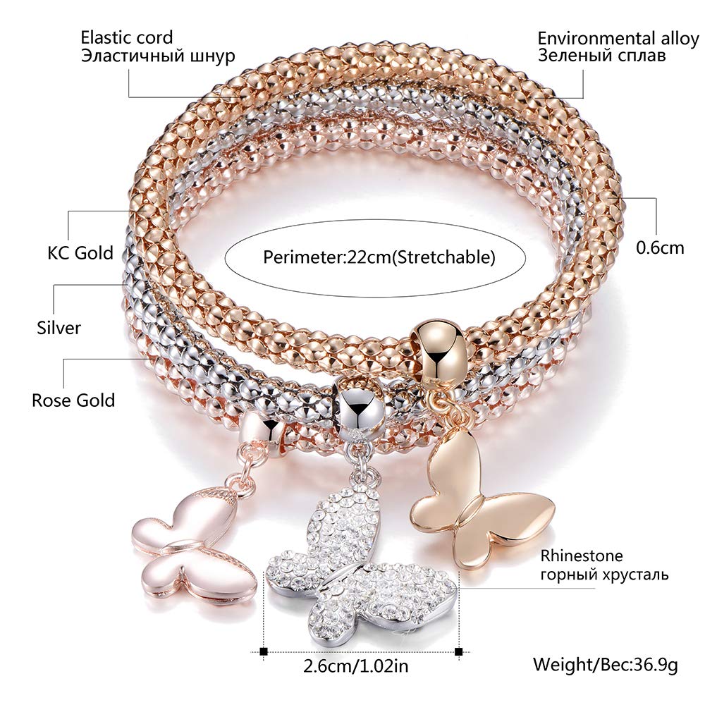 Koleso 3 Pcs/Set Crystal Butterfly Charm Bracelets & Bangles For Women Gold/Silvery Popcorn Chain Bracelets Adjustable Without Deformed - Silver