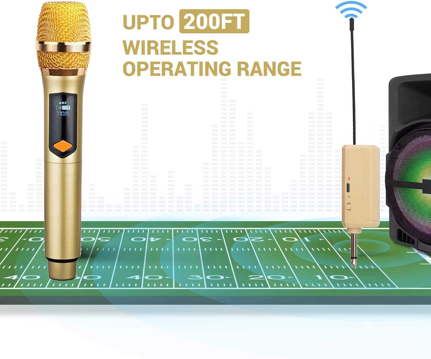 KUAILEGO Wireless Microphone, UHF Dual Handheld Cordless Dynamic Mic System with Rechargeable Microphone and Receiver, 1/4’’&1/8’’ Output, for Karaoke, Church, Speech(200 ft Range)-Auto Connect