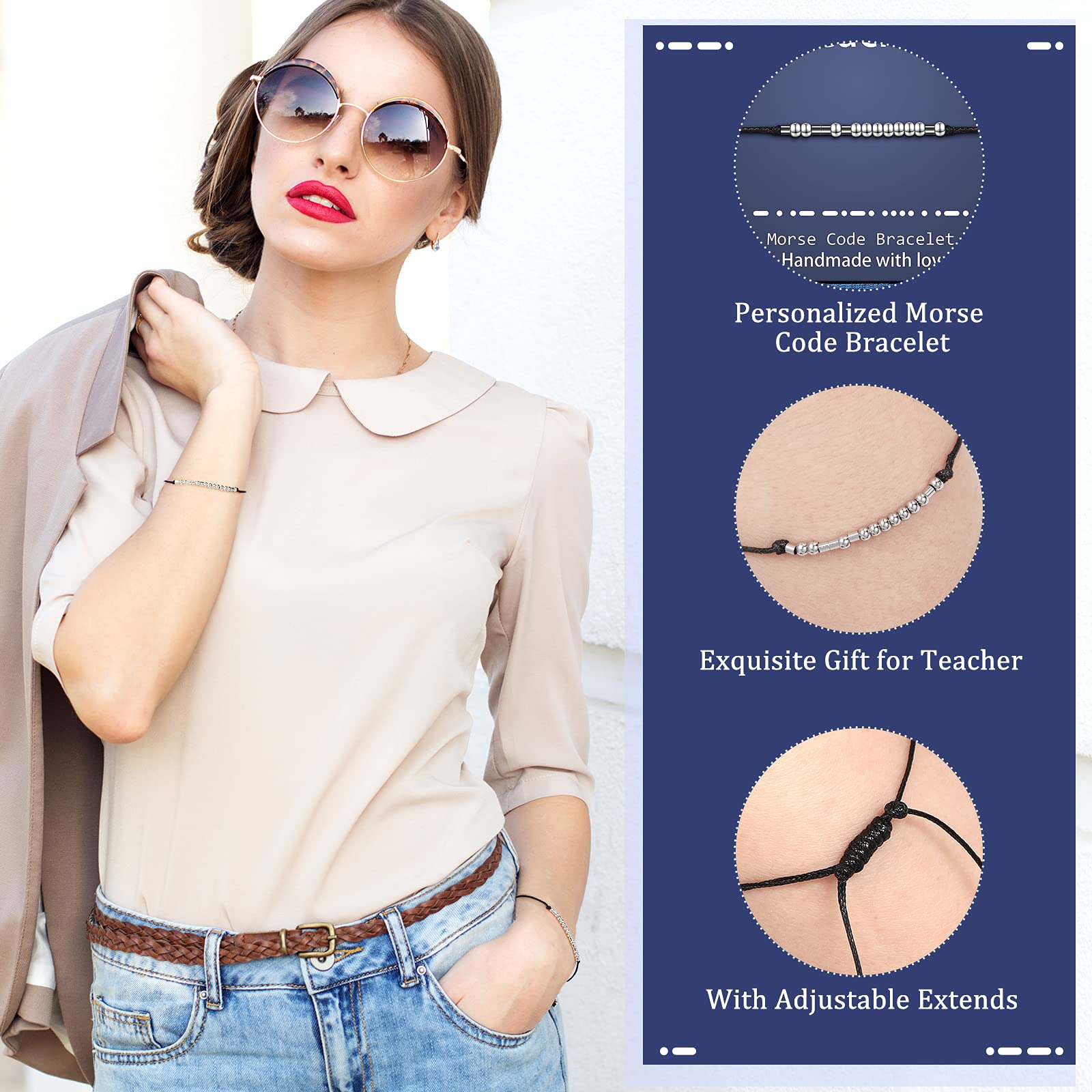 Hicarer 2 Pieces Morse Code Bracelets for Teacher Appreciation Stainless Steel Encouragement Jewelry for Birthday Supplies(Teacher)