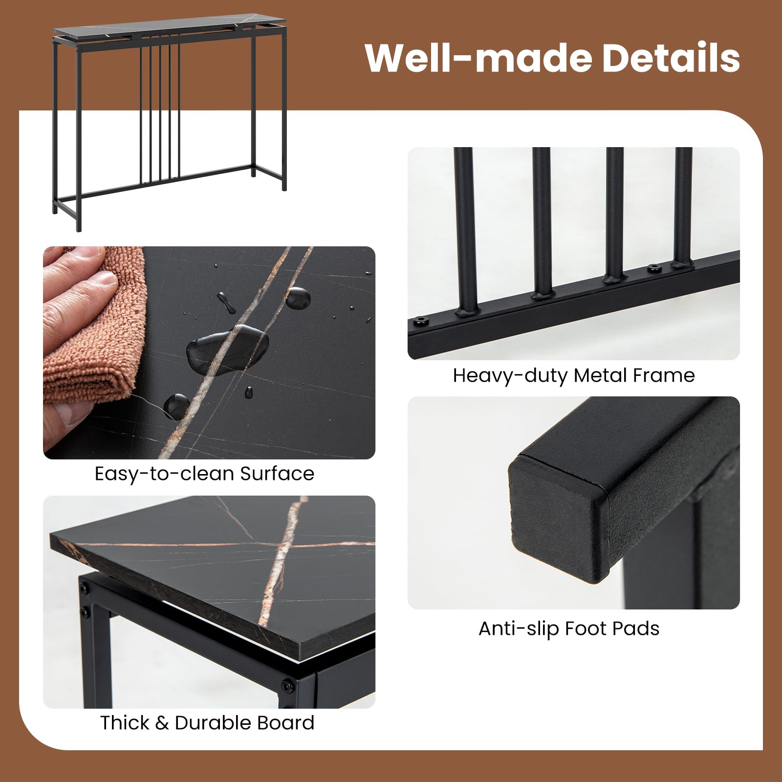 GOFLAME Narrow Console Table, 47” Sofa Tables Narrow Long with Faux Marble Tabletop & Metal Frame, Behind Couch Table, Entryway Table, Modern Foyer Tables for Entryway, Living Room, Black