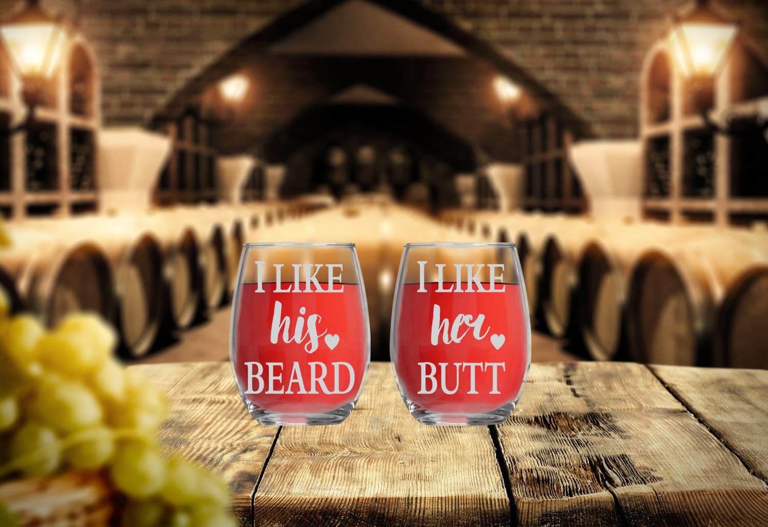 I Like His Beard, I Like Her Butt - 15oz Crystal Wine Glasses - Couples Stemless Wine Glasses β His And Hers Gifts Ideas For Anniversary, Weddings, Bridal Showers