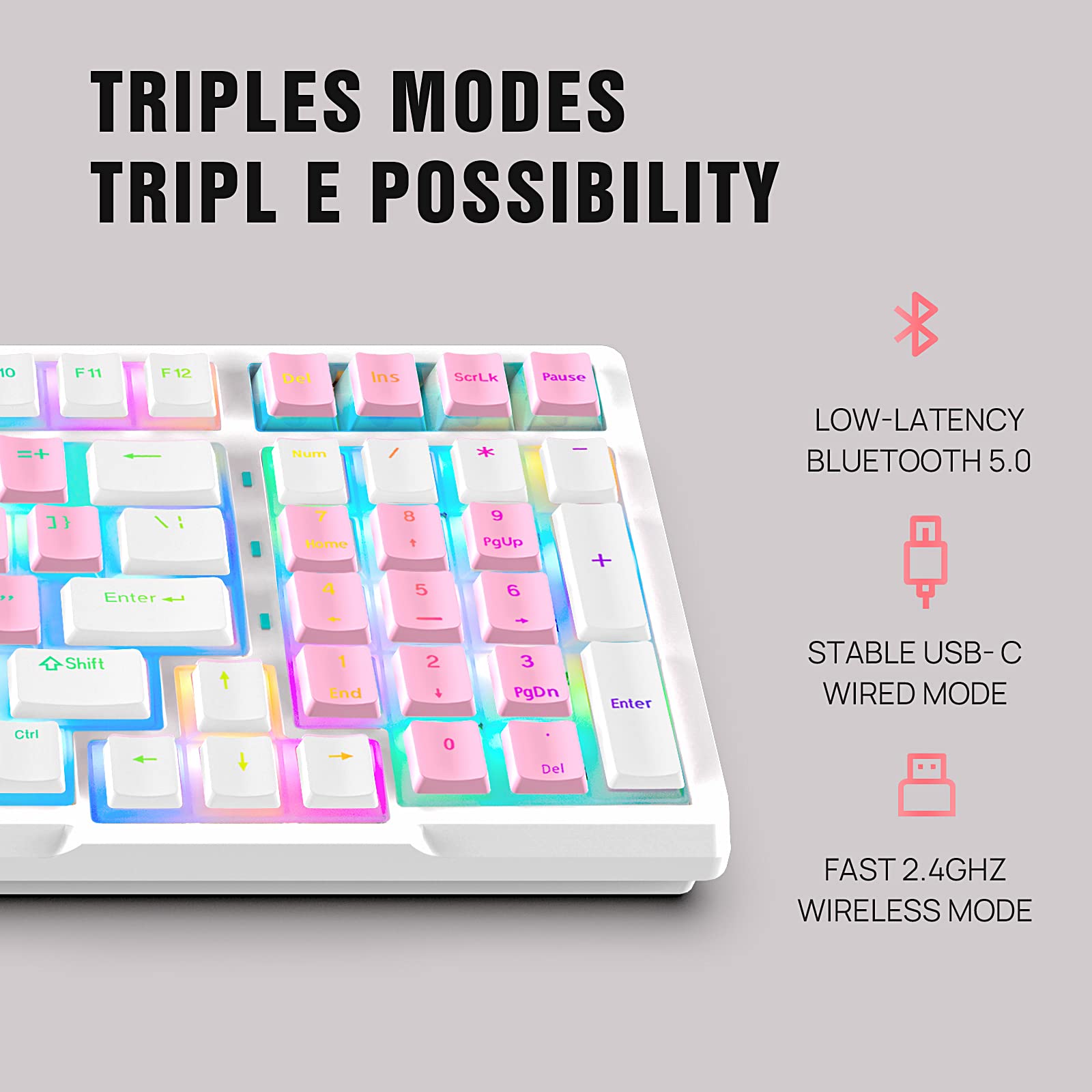 KOLMAX 98Key RGB Hot-swappable Mechanical Gaming Keyboard, 2.4G Wireless/BT5.0/Wired with PBT Double-Shot Pudding Keycaps Pink-White Gaming Keyboard for Mac & Win Programmable Macro (Pink Switches)