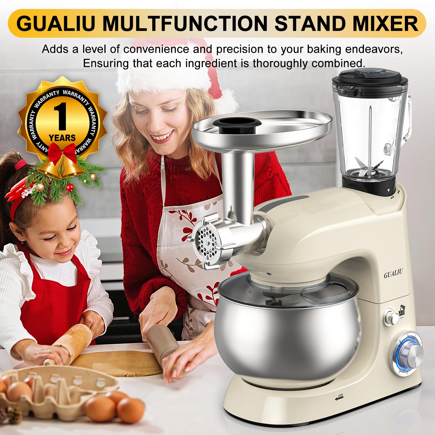 GUALIU 7-IN-1 Stand Mixer, 6+P Speeds Kitchen Electric Mixer, 5.3QT Stainless Steel Bowl Mixer With Dough Hook, Whisk, Beater, Meat Grinder, Blender, Multifunctional Household Kitchen Mixer