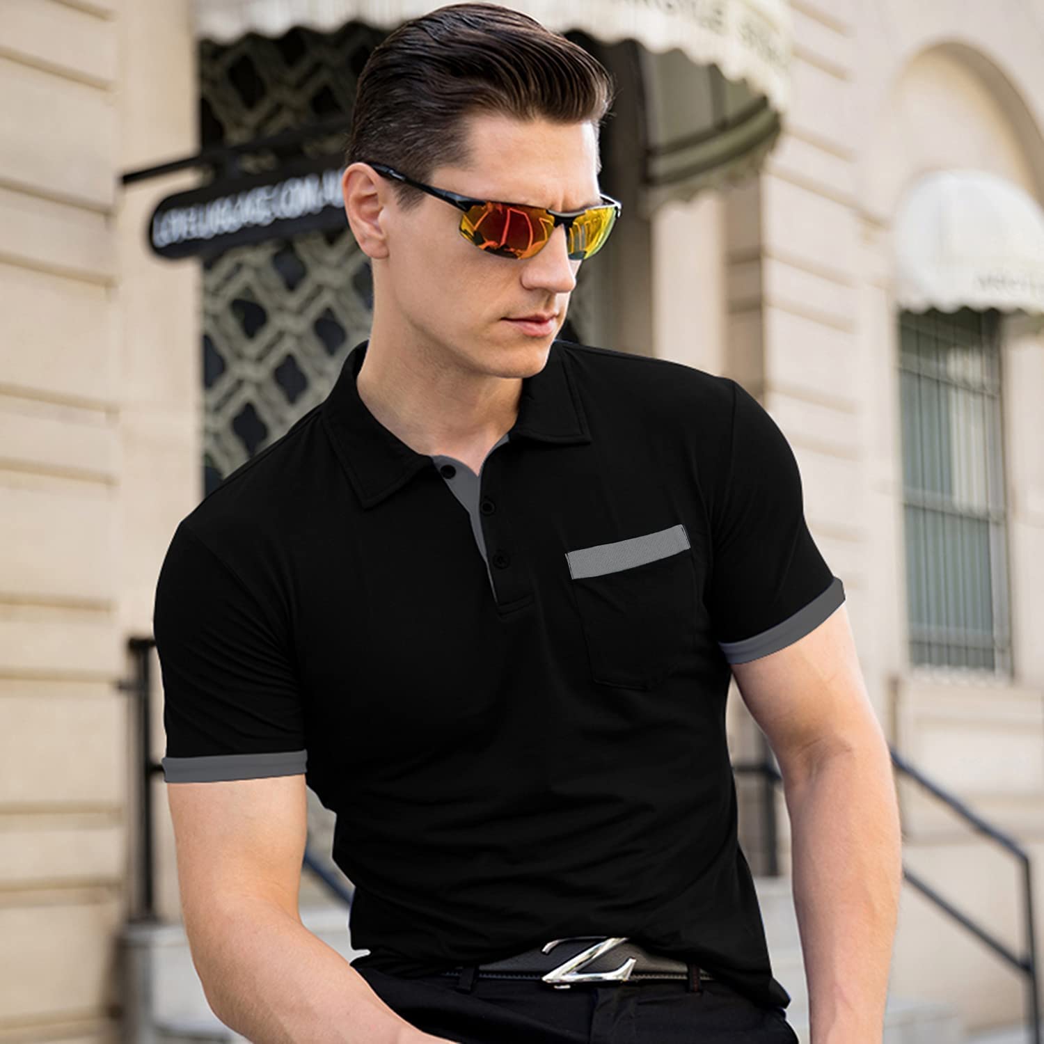 kuboyee Mens Slim Fit Polo Shirt Short Sleeve Casual Cotton Golf T-Shirt with Pocket Basic Solid Color Summer Tops,Orange,Large