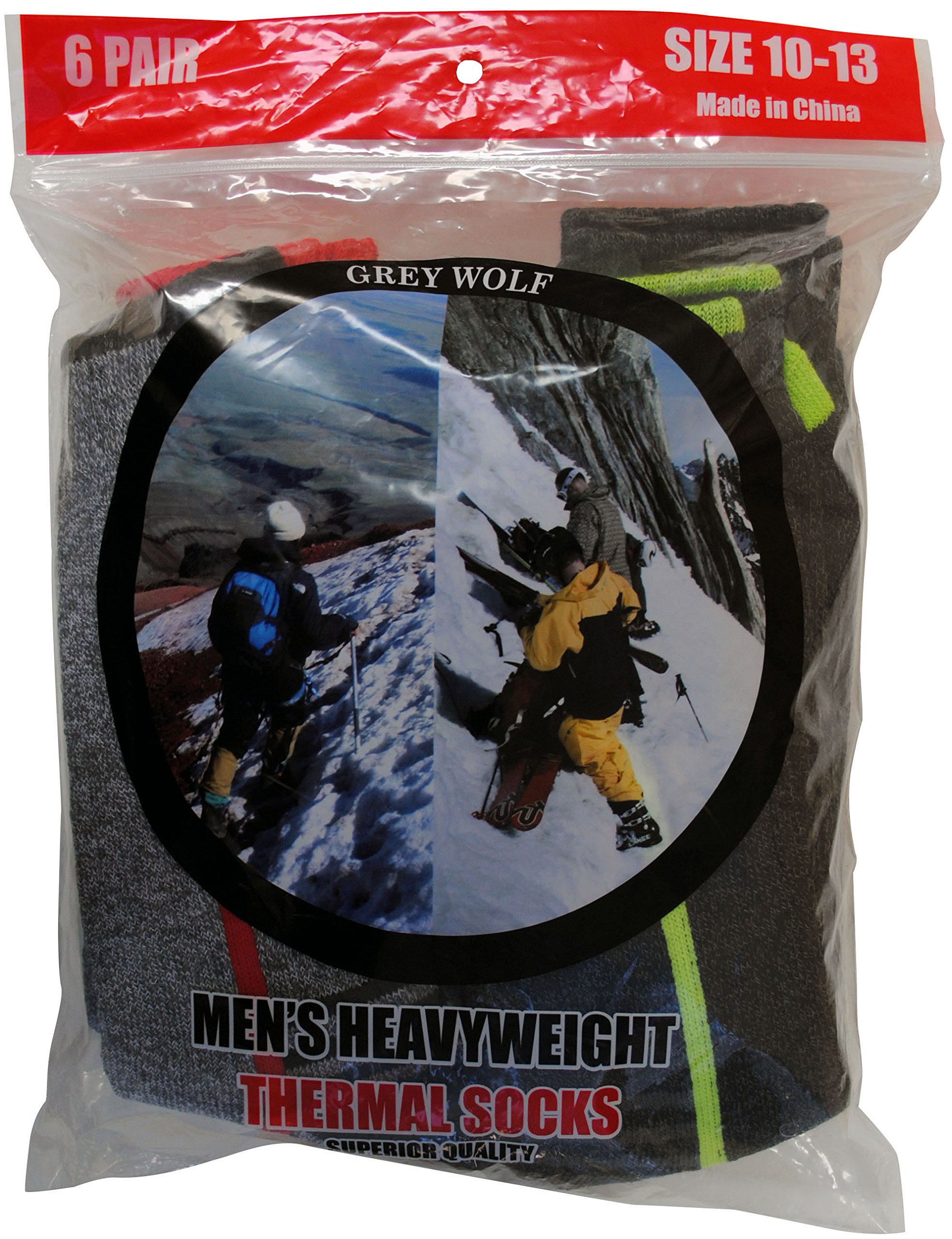 Grey Wolf Men’s Heavyweight Thermal Comfort Hiker Crew Length Sock size 10-13 Assortment #1 six pack