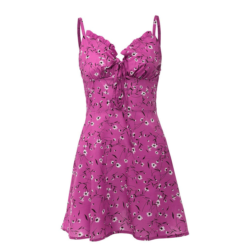 Keepfit Floral Print Sling Dress for Womens Sexy Ruffle Lace Ups Summer Dress Back Zipper Patchwork Beach Dress