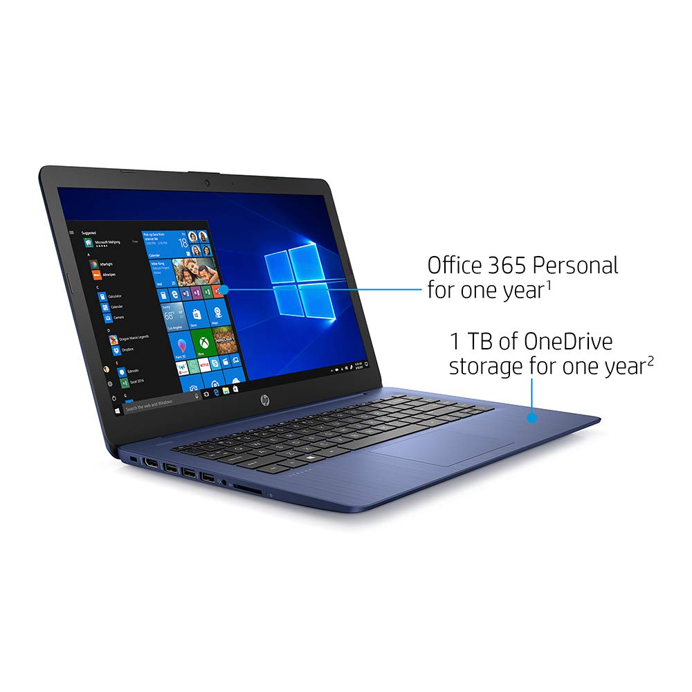 HP 2021 Stream 14" HD SVA Laptop Computer, Intel Celeron N4000 Processor, 4GB RAM, 64GB eMMC Flash Memory, Webcam, 1-Year Office, Intel UHD Graphics 600, Win 10S, Royal Blue, 128GB SnowBell USB Card