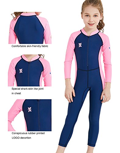 Girls Sun Suit Long Sleeve UV Sun Protection Swimsuit One Piece Stretch Full coverage Wetsuit Swimwear Navy S