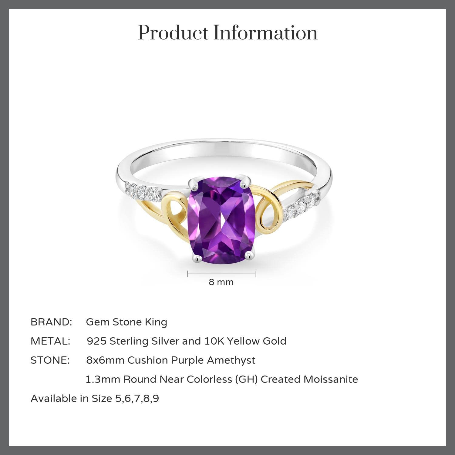 Gem Stone King 2 Tone 10K Yellow Gold and 925 Sterling Silver Cushion Cut 8X6MM Gemstone Birthstone and White Moissanite Engagement Ring For Women Available in Size 5, 6, 7, 8, 9