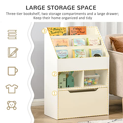 HOMCOM Kids Bookcase Multi-Shelf Rack Organizer with Storage Drawer for Books, Playroom, White