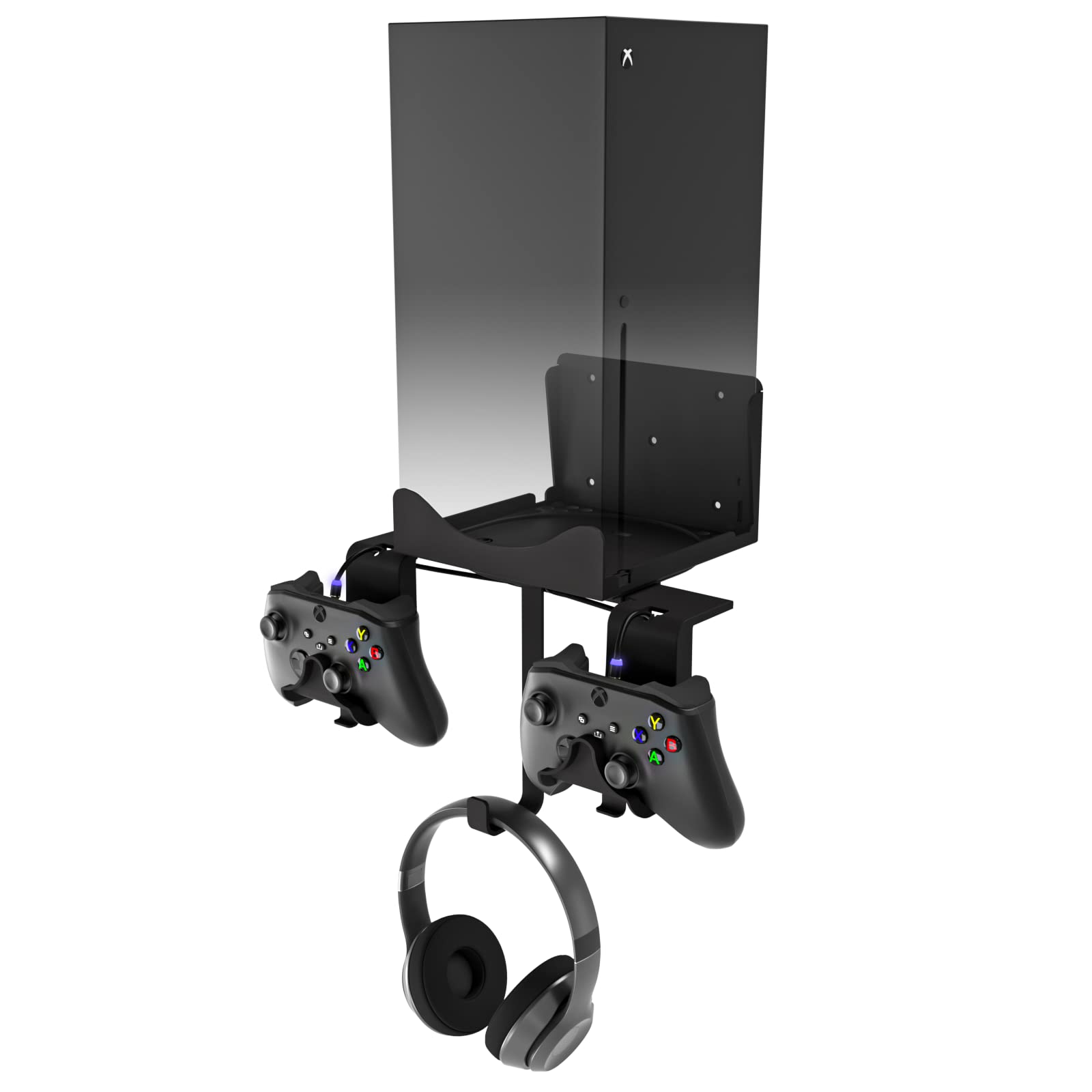 Hosanwell Xbox Series X Wall Mount, 4 in 1 Xbox Series X Wall Mount Kit, with Detachable Controller Holder & Headphone Hanger Heat Dissipation, with Non-Slip Mat Easy Installation(Black)