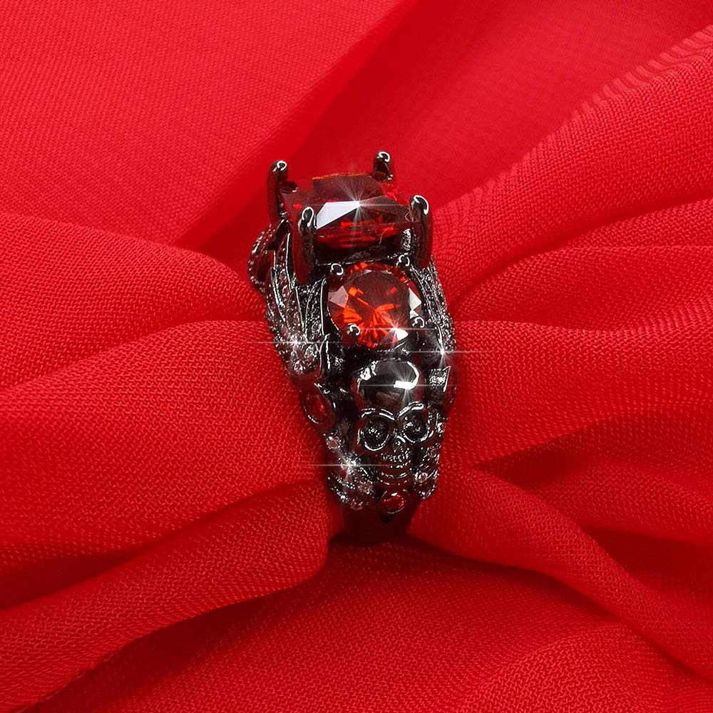 Gothic Jewelry Purple Red Black Crystal Unique Black Skull Rings for Women Halloween Christmas Gifts (Square-Red, 7)