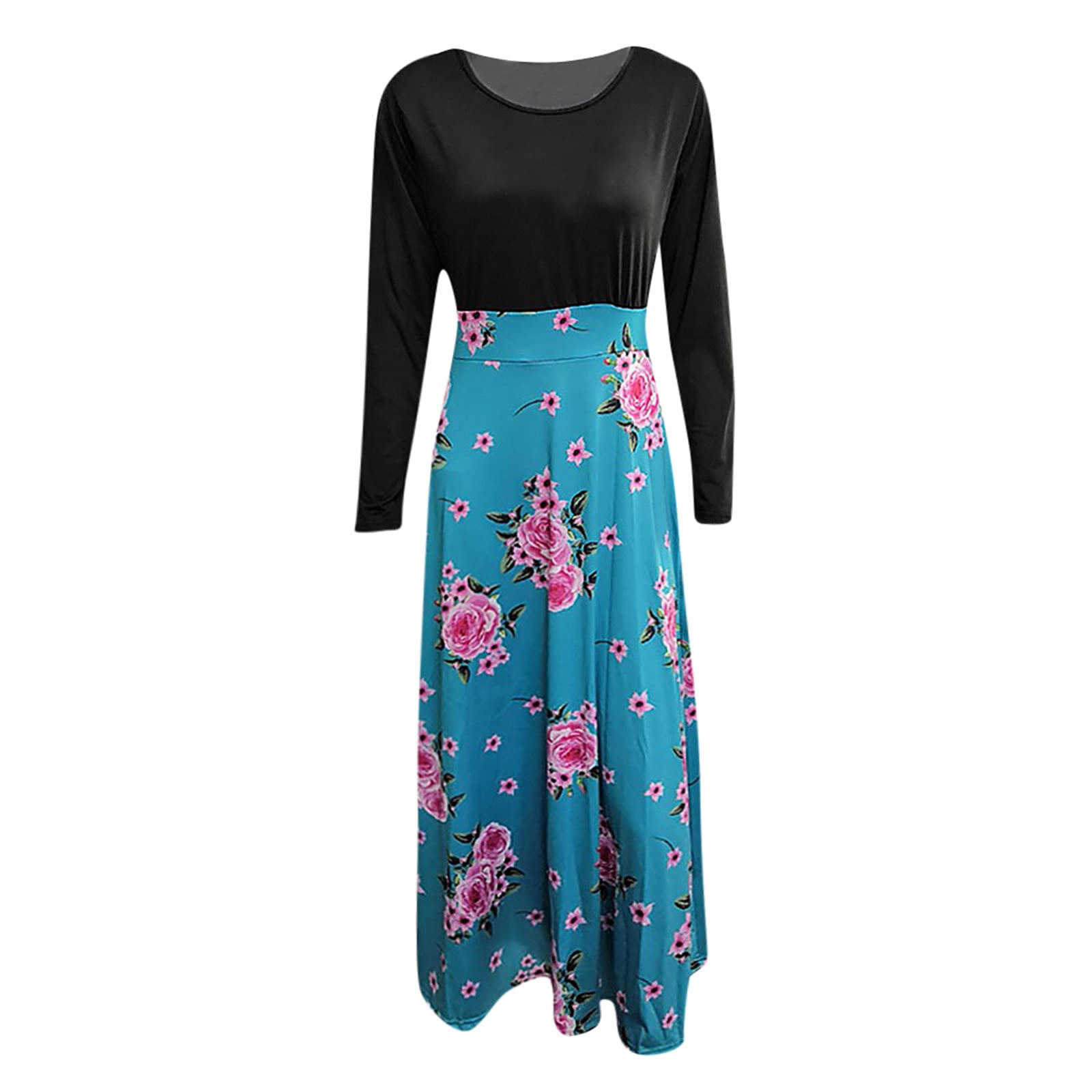 Keepfit Patchwork Maxi Dress for Women Long Sleeve Scoop Neck T-Shirt Dress Pleated Pattern Printed Long Dress Blue