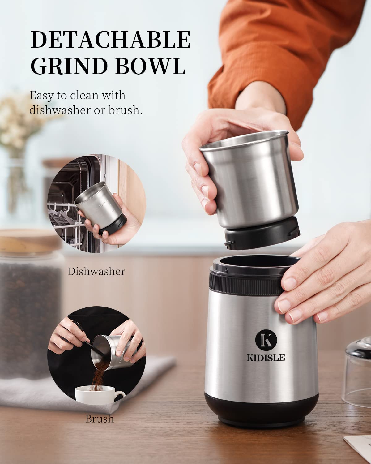 KIDISLE Coffee Grinder Electric, Herb Grinder, Spice Grinder, Coffee Bean Grinder, Espresso Grinder with 2 Removable Stainless Steel Bowl,Silver