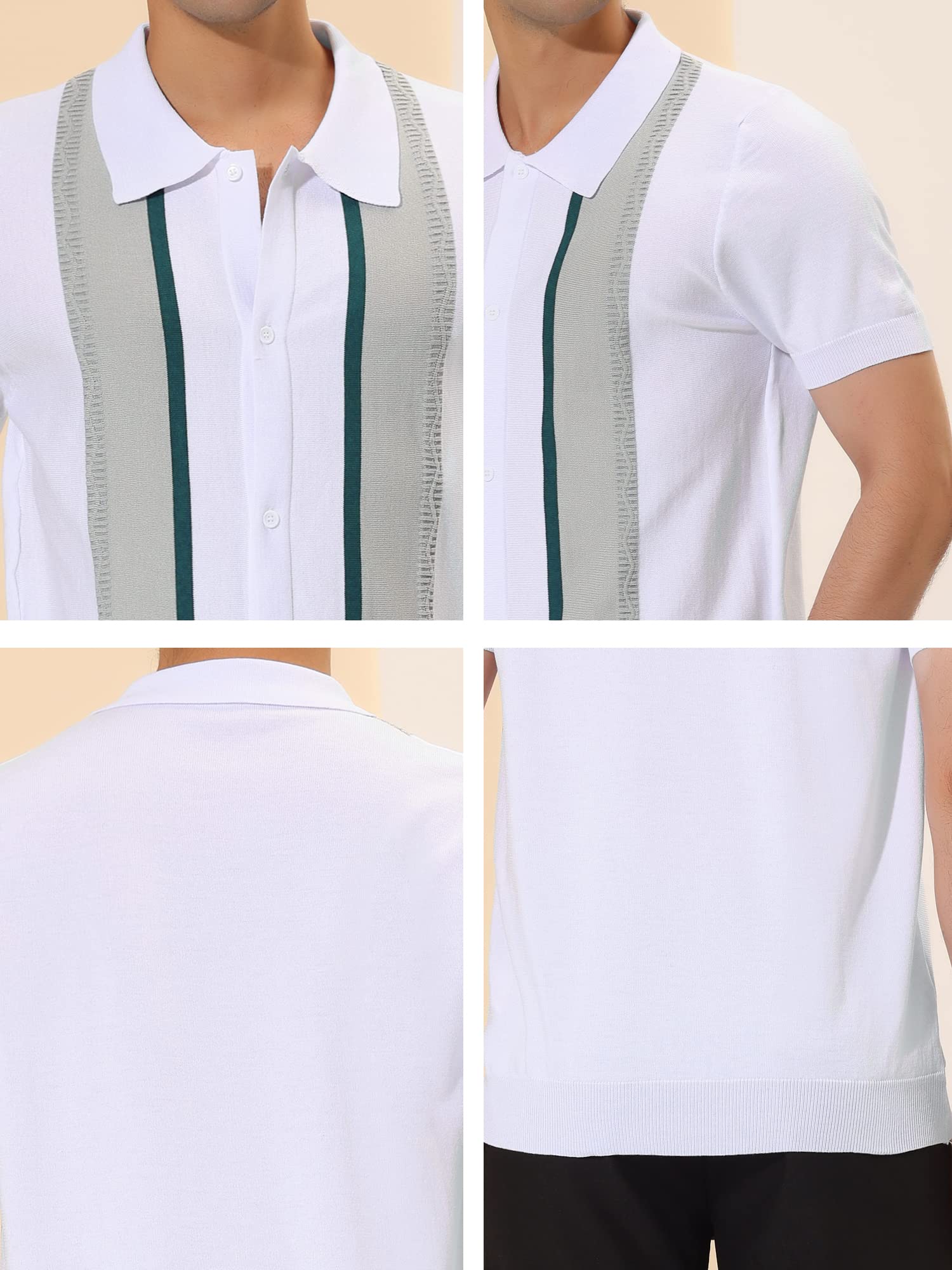 Lars Amadeus Men's Stripe Button Down Knit Polo Shirts Short Sleeve Vintage Golf Shirt Medium White Gray