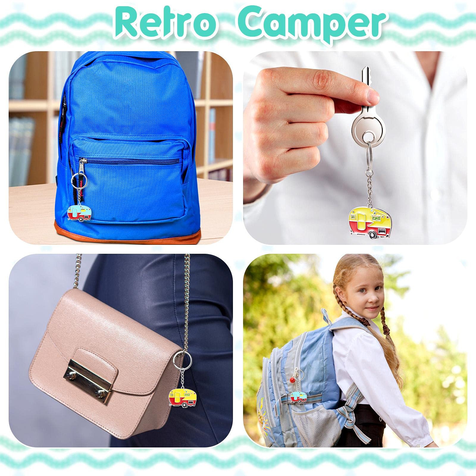 Hicarer Camper Keychain Camper Accessories for Travel Trailers Retro Camping RV Keychain Set for Travel (4 Pieces)