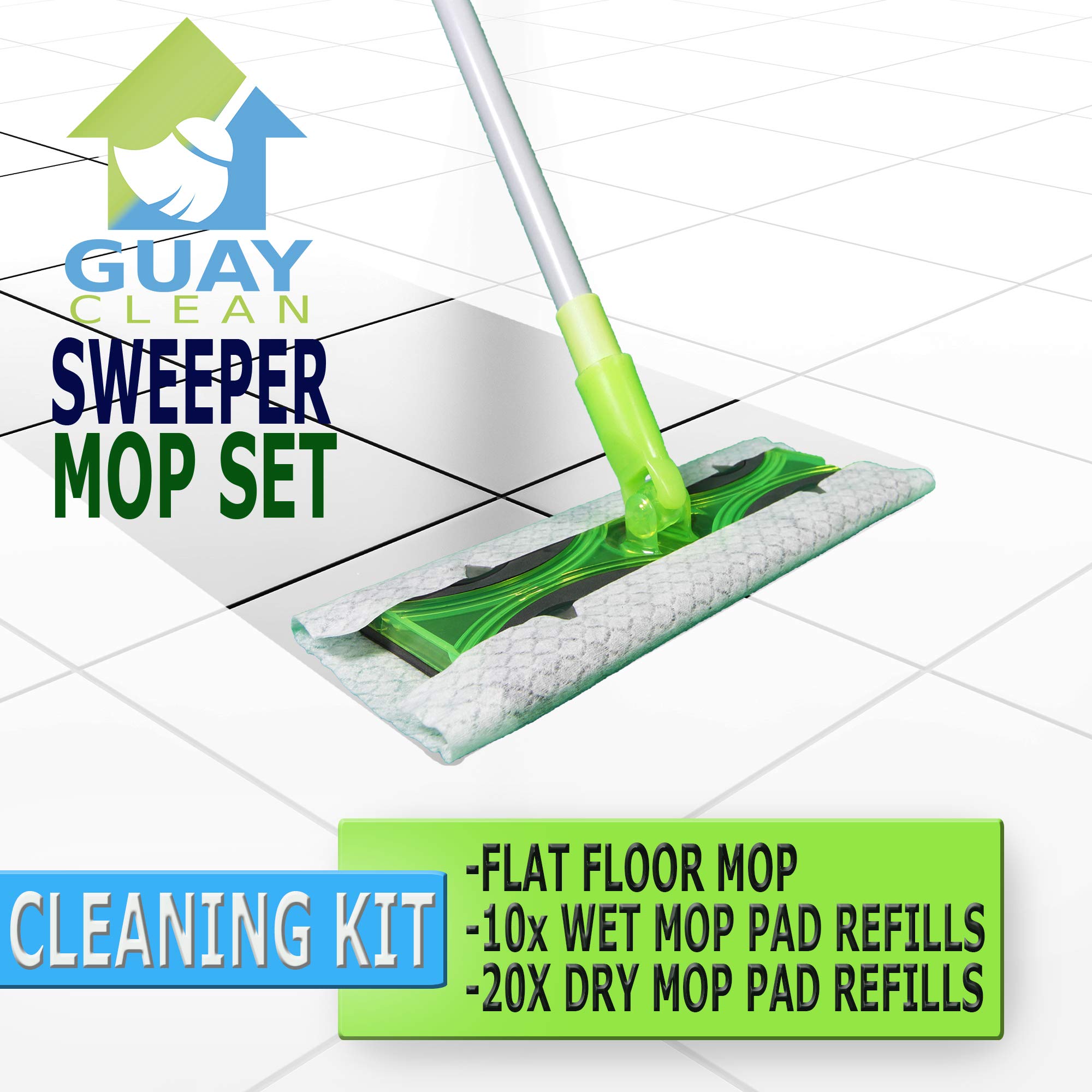 Guay Clean Flat Floor Mop Sweeper Cleaning Kit for Pads and Cloth with Telescopic Pole - Includes 10 Wet and 20 Dry Mop Pad Refills Disposable - Green