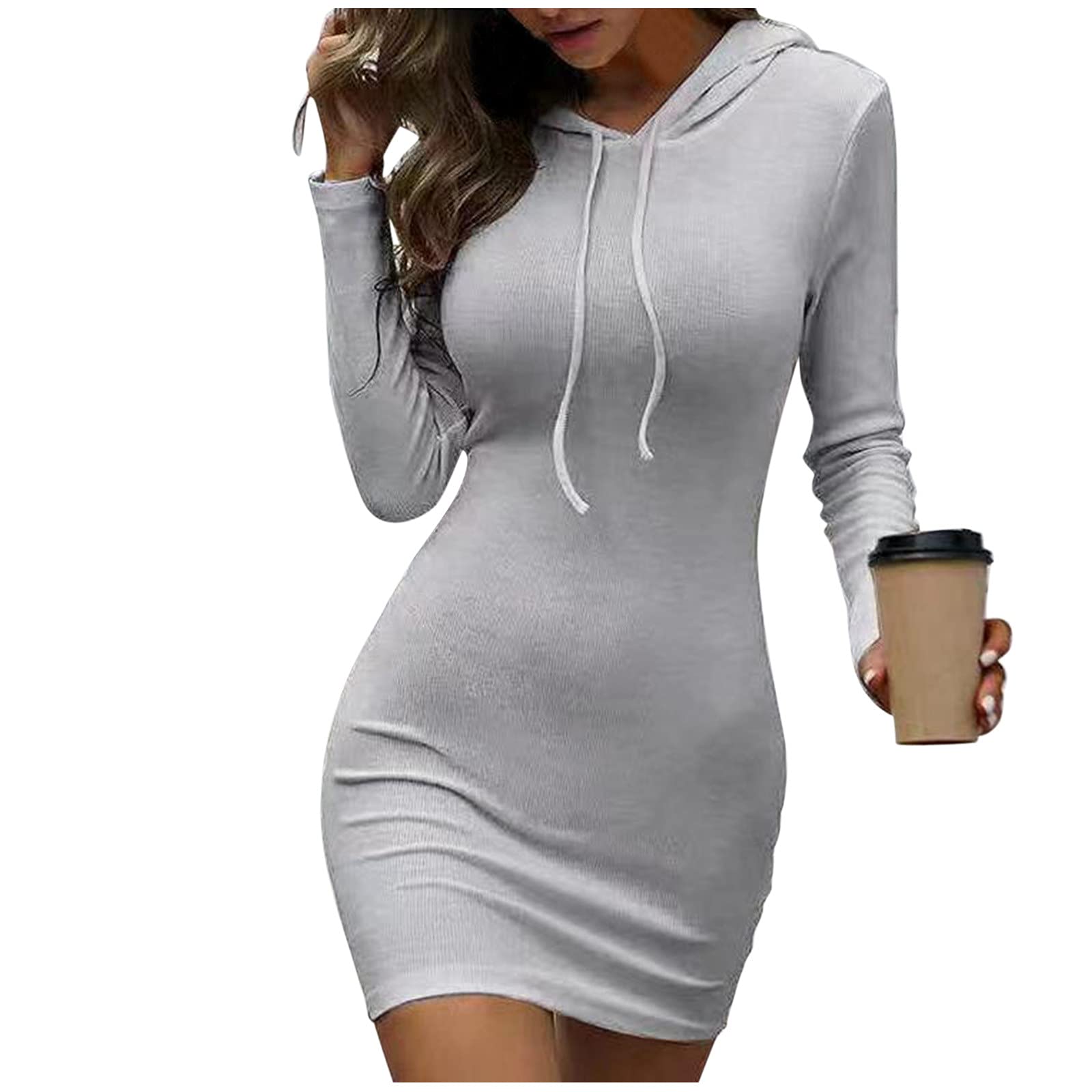 Keepfit Sweatshirt Dress for Women Drawstring Solid Hoodie Dress Slim Knitted Long Sleeve Casual Bodycon Dress Gray