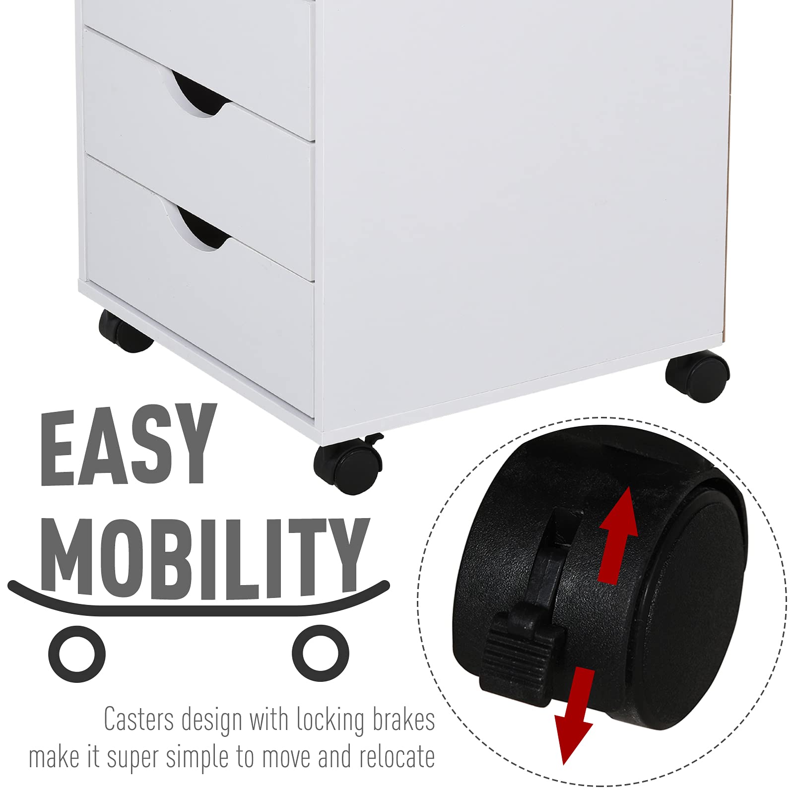 HOMCOM 5 Drawer Storage Organizer Office Cabinet with Nordic Minimalist Modern Style & Wheels, White