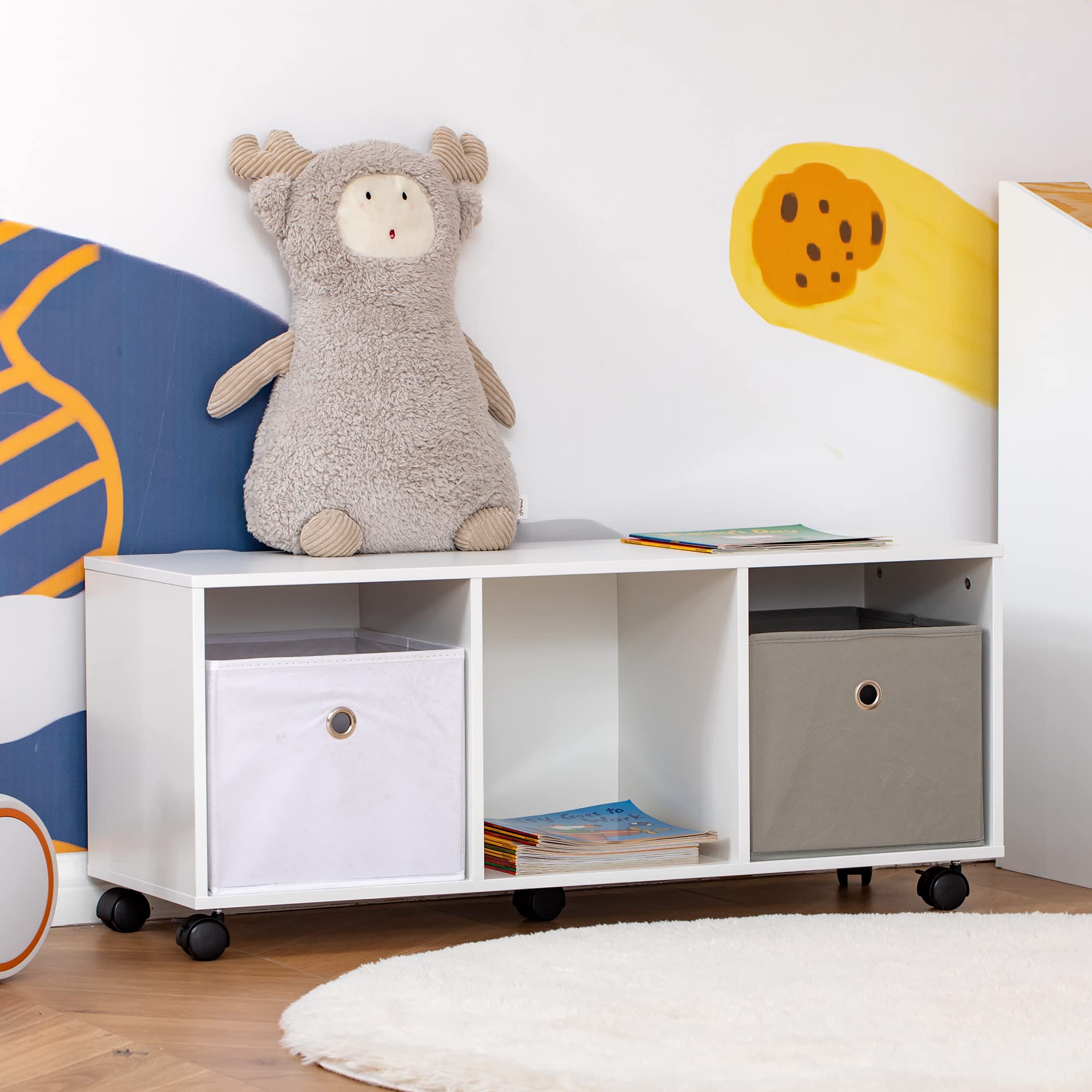 HOMCOM Simple 3 Cube Storage with Wheels, Hidden Pull-Out Toy Bin Kids Cube Storage Unit, Rolling Cubby Storage for Kids Room, Small Toy Storage Organizer Shelves, White