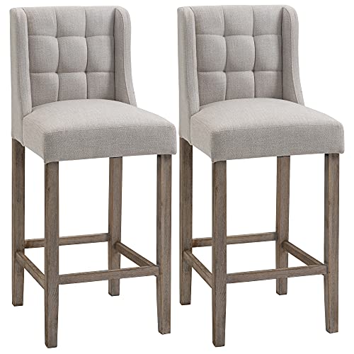 HOMCOM Modern Bar Stools, Tufted Upholstered Barstools, Pub Chairs with Back, Rubber Wood Legs for Kitchen, Dinning Room, Set of 2, Beige